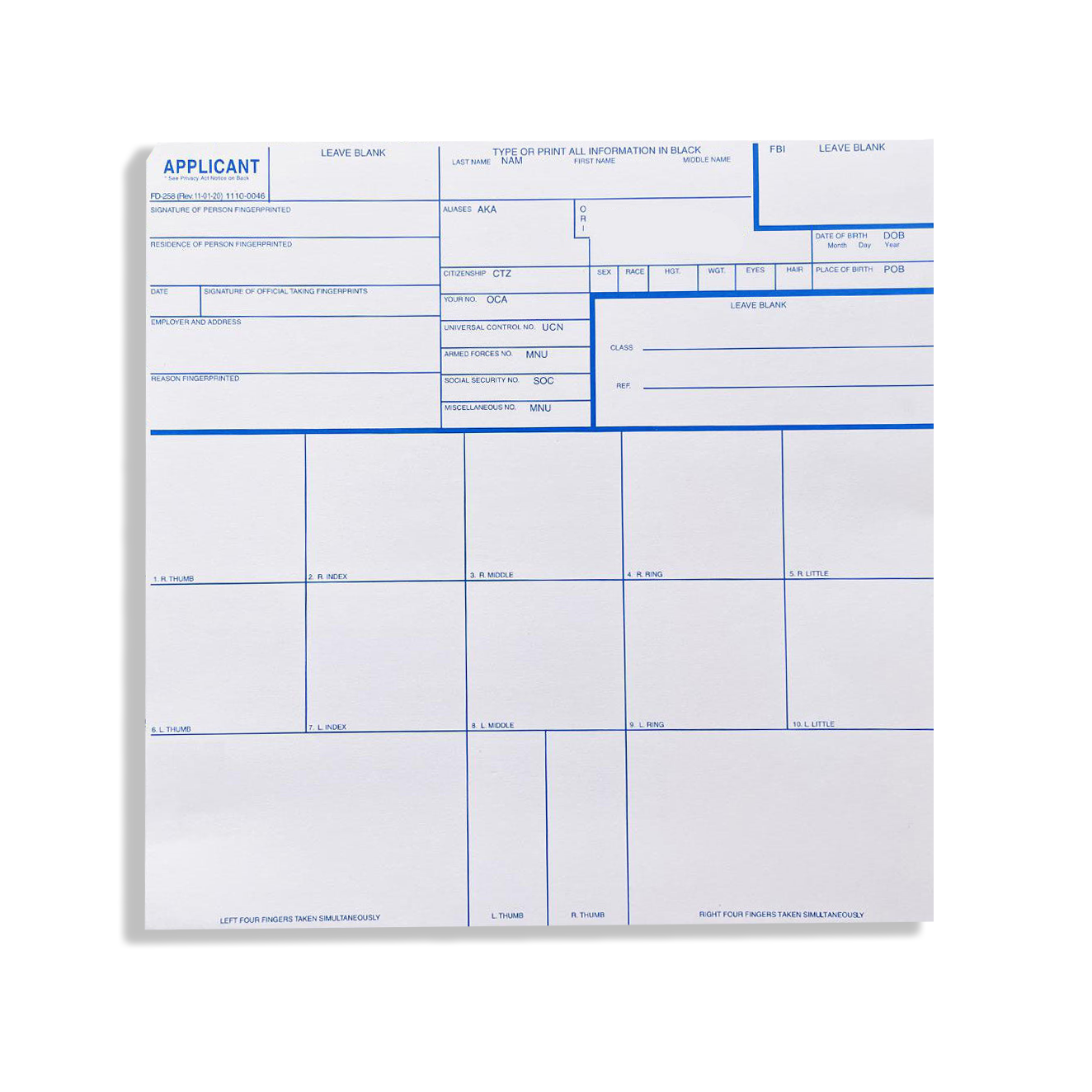 Fingerprint Cards – FBI Form FD-258, 100 Pack – National Gun Trusts